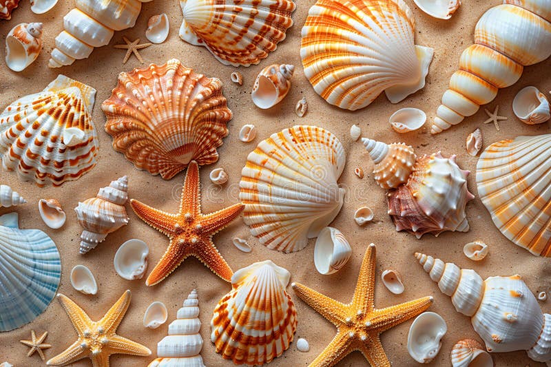 Pastel Seashells and Starfish on Beige Background. Stock Illustration ...