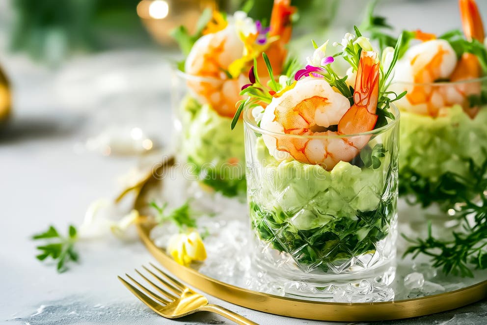 Pastel Shrimp and Avocado Mousse with Asymmetrical Styling Stock Photo ...