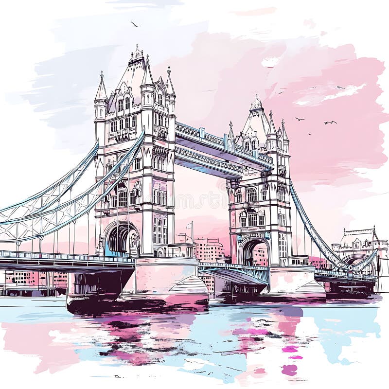 Pastel Sketch of Tower Bridge, London, Reflecting on Water Stock ...