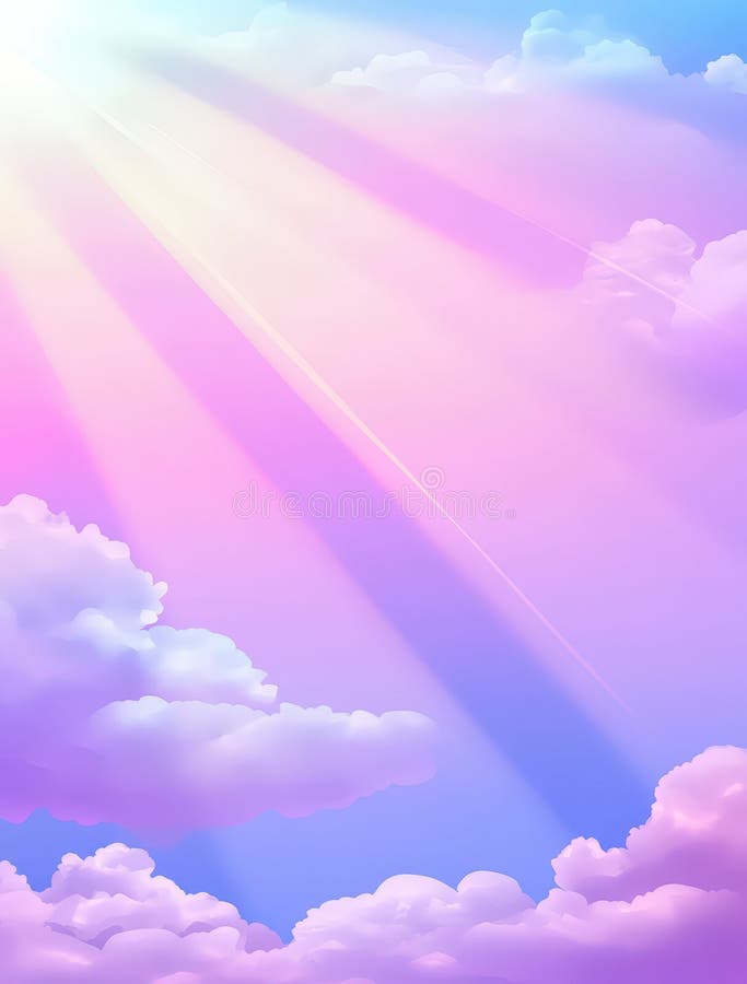 Pastel Sky with Sun Rays and Clouds Stock Illustration - Illustration ...