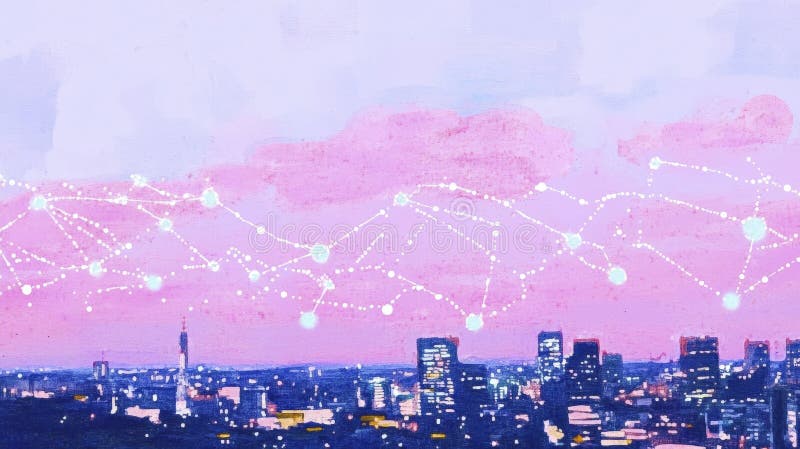 Pastel Sky with a Tech Network Over Urban Landscape Stock Illustration ...