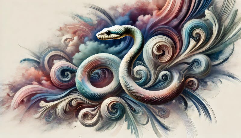 Pastel Snake Emerging from Swirling Abstract Smoke and Floral Patterns ...