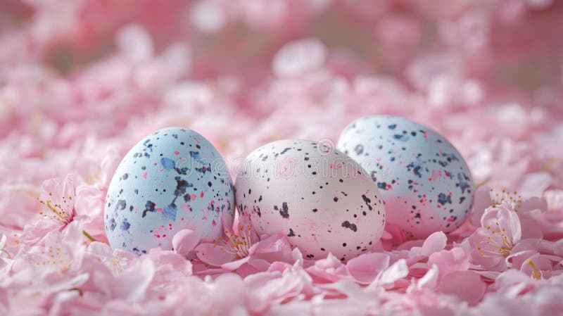 Pastel Speckled Easter Eggs on Pink Cherry Blossom Petals Stock ...