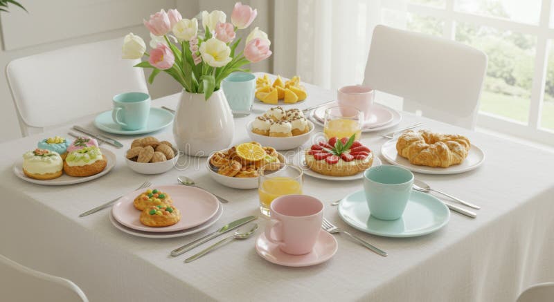 Pastel Spring Breakfast Table Setting with Pastries and Tulips Stock ...