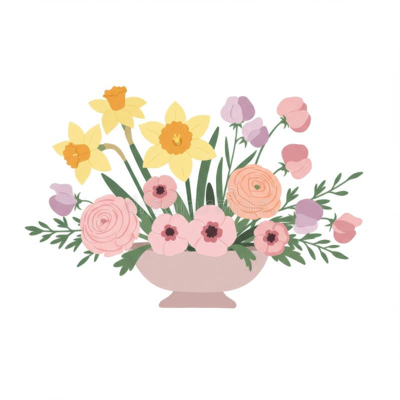 Pastel Spring Flower Arrangement in Pink Vase Stock Illustration ...