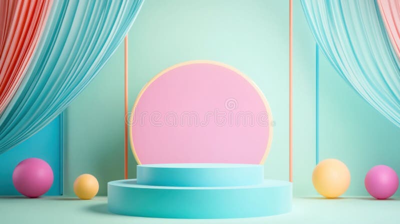 Pastel Stage Setup with Geometric Shapes and Draped Curtains Stock ...