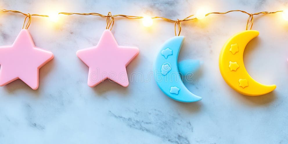 Pastel Stars and Moons Hanging from String Lights on a Marble Surface ...