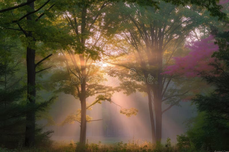 Pastel Sunrise, with Rays of Light Shining through the Trees and ...