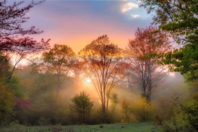 Pastel Sunrise, with Rays of Light Shining through the Trees and ...