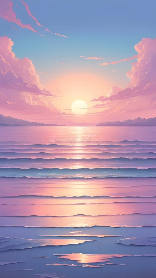 Pastel Sunset View in a Calm Ocean Stock Illustration - Illustration of ...
