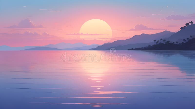 Pastel Sunset View in a Calm Ocean Stock Illustration - Illustration of ...