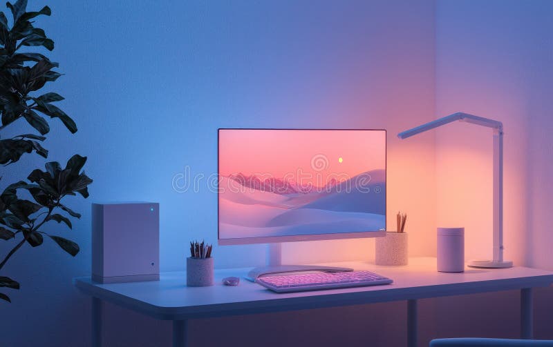 Pastel Sunset Workspace Minimalist Computer Setup with Pink and Blue ...