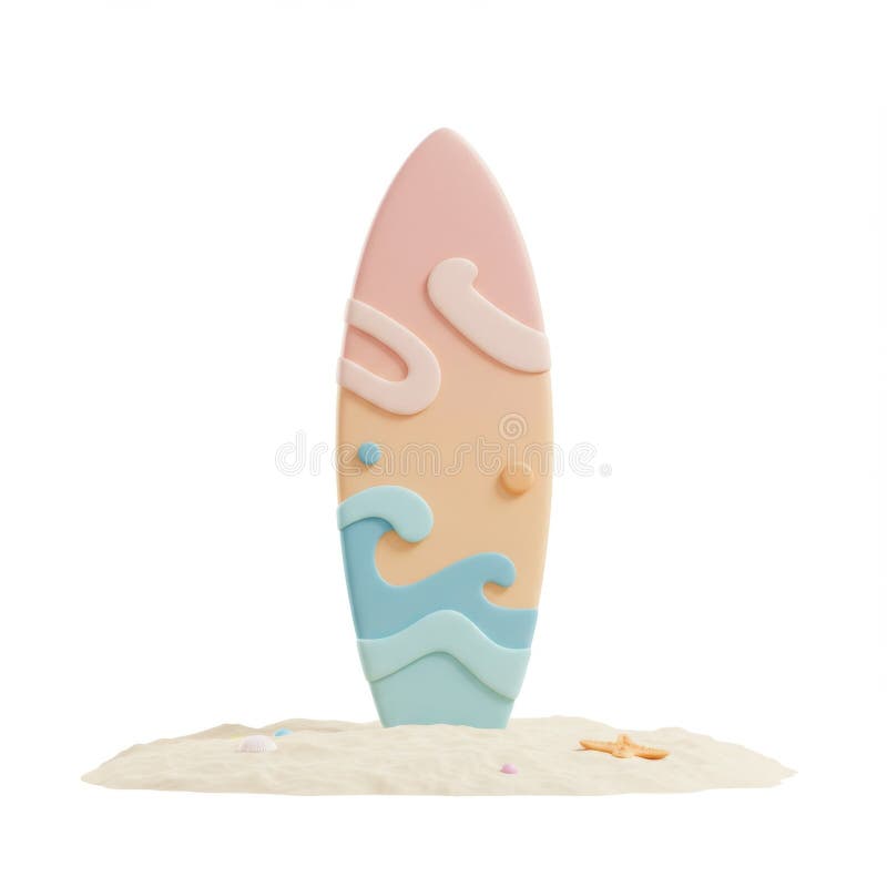 Pastel Surfboard on Sandy Beach 3D Render Stock Illustration ...