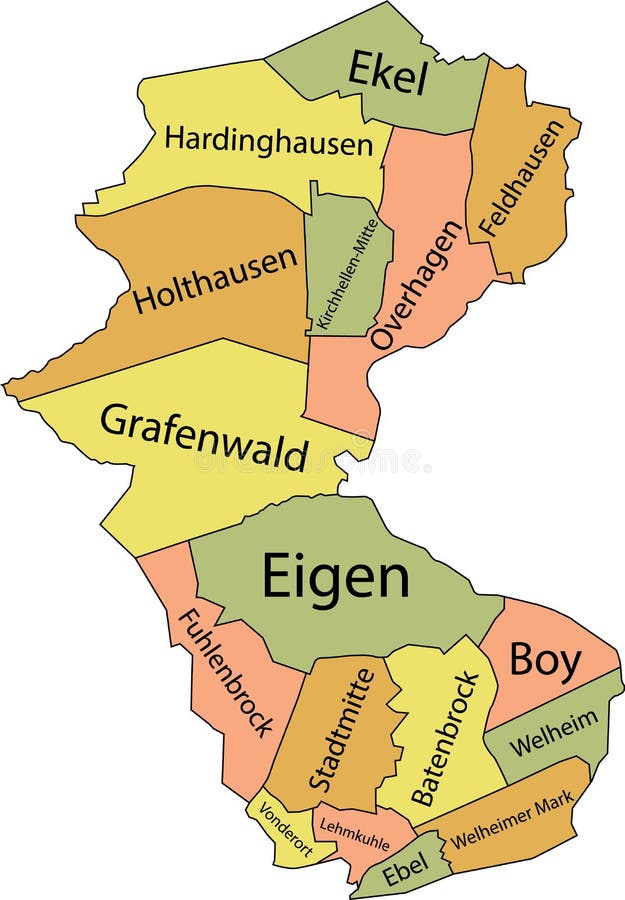 Pastel Tagged Districts Map of BOTTROP, GERMANY Stock Vector ...
