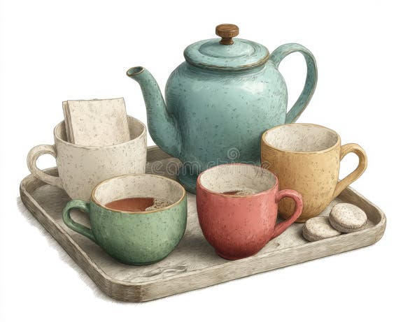 Pastel Tea Set Illustration on Tray Stock Illustration - Illustration ...