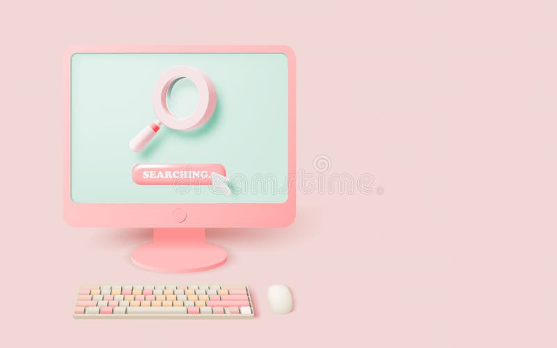 Pastel-Themed Computer with Search Interface and Magnifying Glass Stock ...