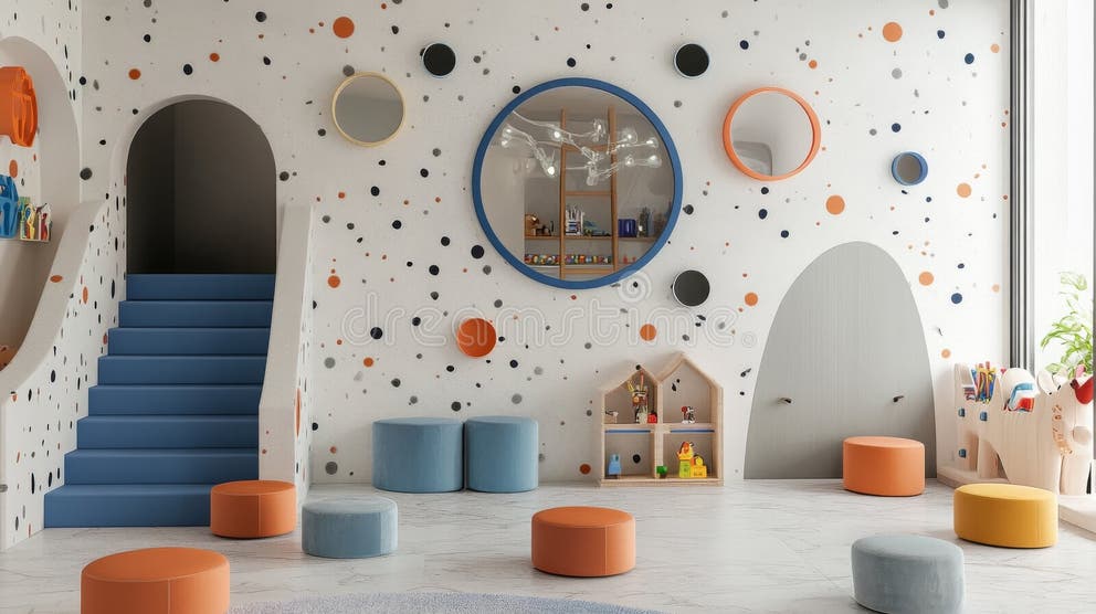 A Pastel-themed Interior with Rounded Pathways and Comfortable Seating ...