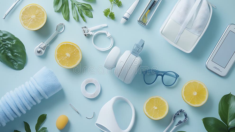 Pastel Themed Still Life on Light Blue Background Featuring Various ...