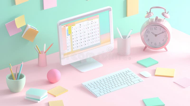 A Pastel-themed Workspace Featuring a Computer, Clock, and Colorful ...