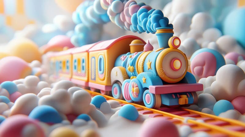Pastel Toy Train in a Candy Cloud Landscape Stock Illustration ...