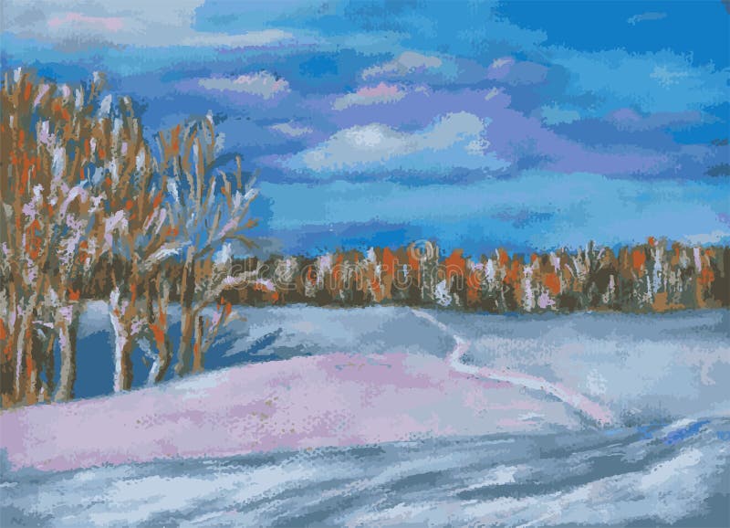 Pastel Vector Drawing of Winter Landscape with Blue Cloudy Sky, Field ...