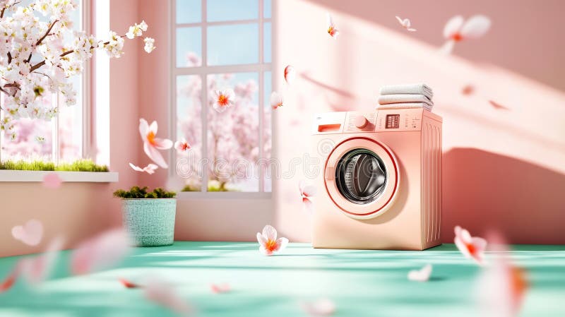 Pastel Washing Machine in Bright Floral Room with Spring Blossoms and ...
