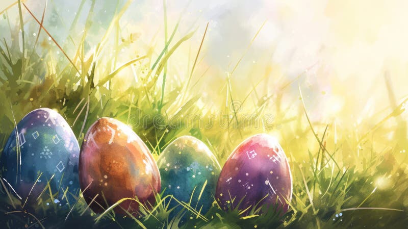 Pastel Watercolor Easter Eggs Nestled in Spring Grass at Sunrise Stock ...