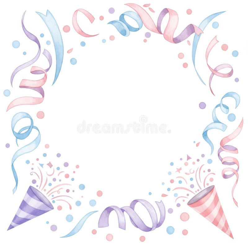 Pastel Watercolor Party Frame with Confetti and Ribbons Stock ...
