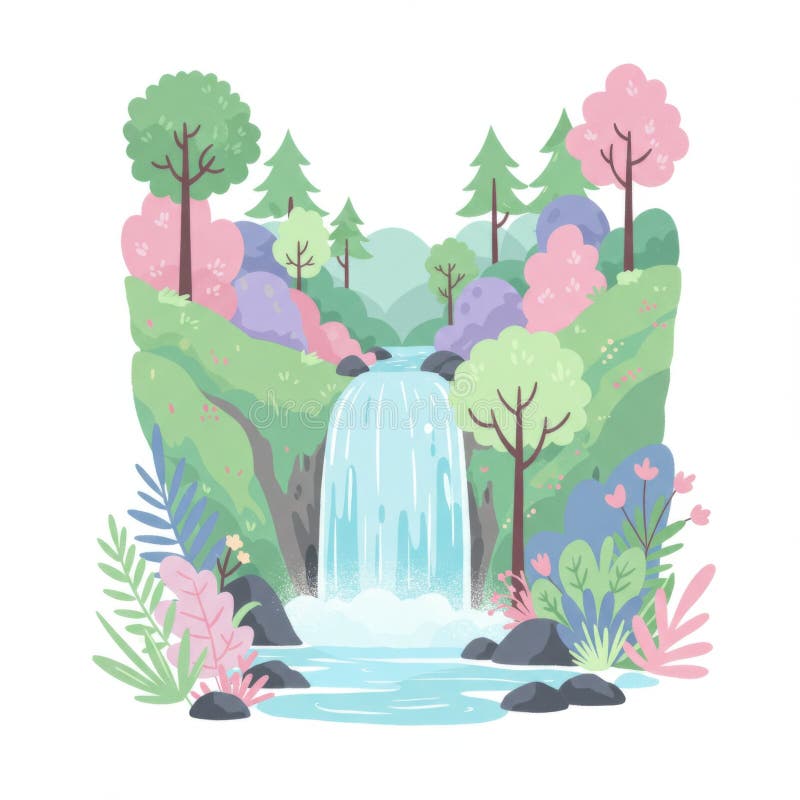 Pastel Waterfall Landscape Illustration Stock Illustration ...