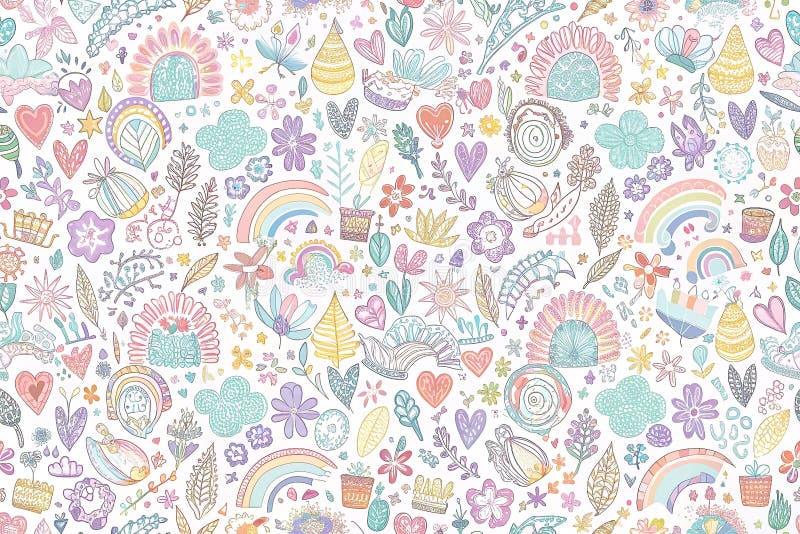 Pastel Whimsical Floral Pattern on White Background Stock Illustration ...