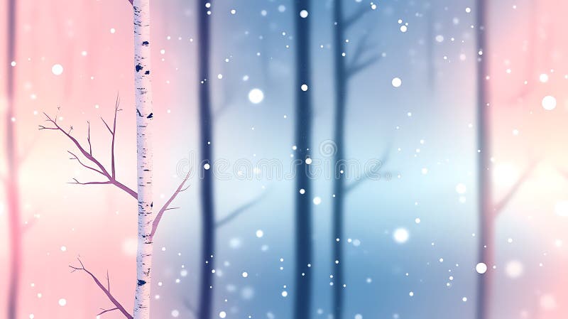 Pastel Winter Forest Scene Soft Pink and Blue Birch Trees in Falling ...