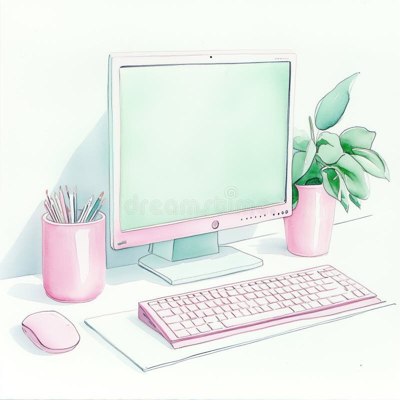 A Pastel Workspace with a Computer, Keyboard, and Plants in a Fresh ...