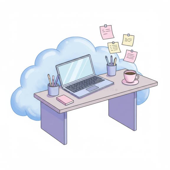 Pastel Workspace with Laptop and Cloud Background Stock Illustration ...