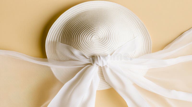 On a Pastel Yellow Background, a Cream Straw Hat is Decorated with a ...