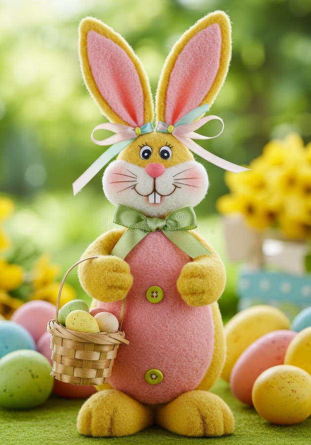 Pastel Yellow Easter Bunny with Eggs and Flowers Stock Illustration ...
