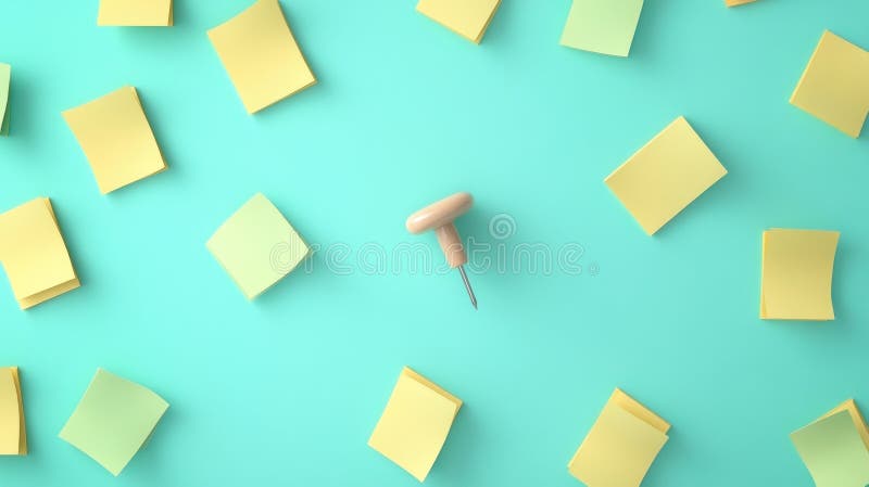 Pastel Yellow Sticky Notes Surround a Single Pushpin on a Teal B Stock ...