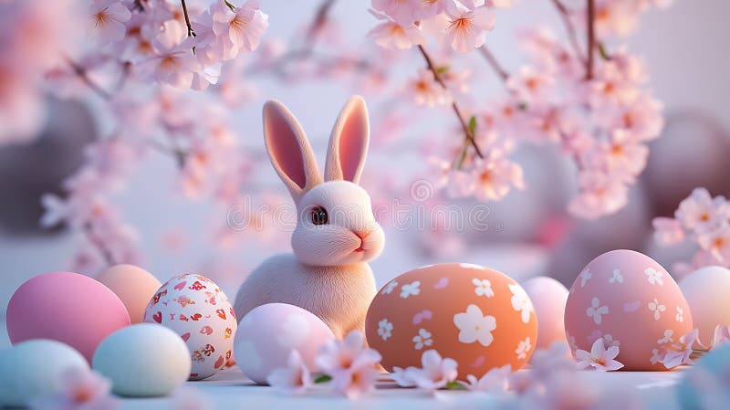 Pastel Colored Eggs and a Bunny Under Cherry Blossoms for a Happy ...