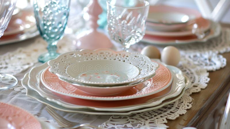 Pastelcolored Plates with Intricate Lace Patterns are Layered on Top of ...