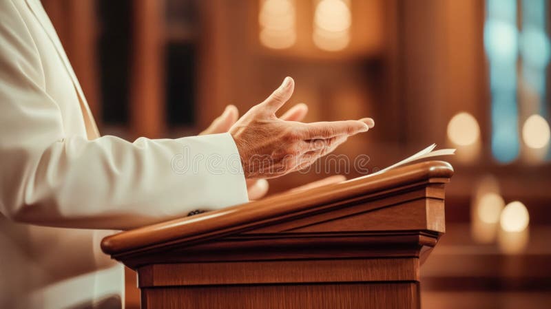 Pastor Preaching with Hands on Pulpit Delivering a Sermon. Generative ...