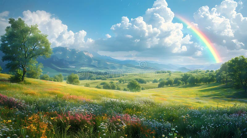 Pastoral Landscape with Radiant Rainbow Stock Illustration ...