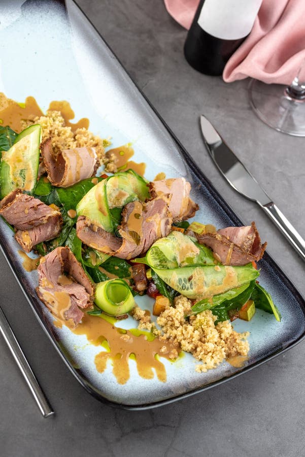 Pastrami Salad on Stone Table in Fine Dining Restaurant Stock Photo ...