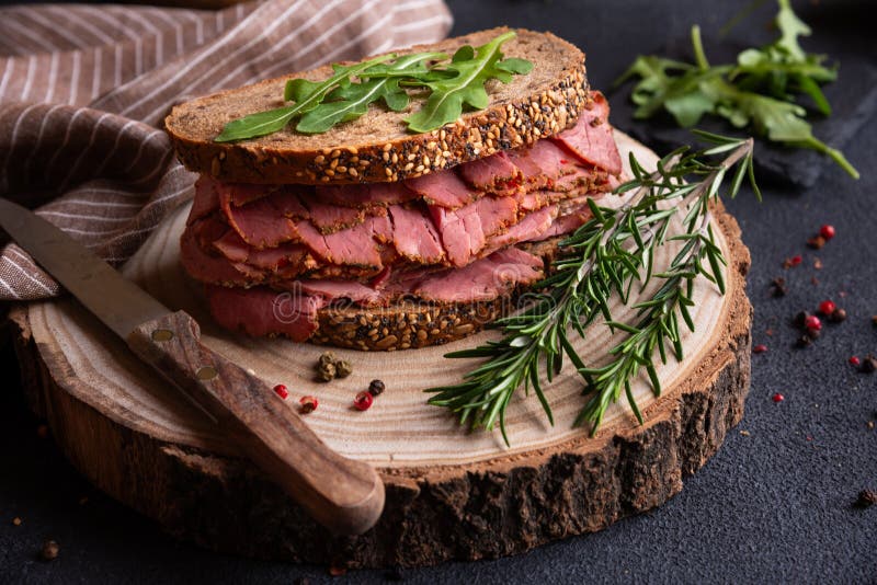 Pastrami Sandwitch, Sliced Pastrami Meat with Bread Stock Image - Image ...