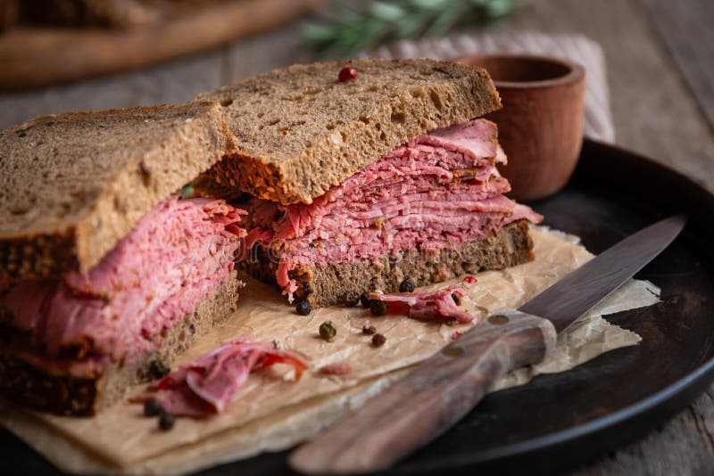 Pastrami Sandwitch, Sliced Pastrami Meat with Bread Stock Image - Image of delicious, pastrami ...