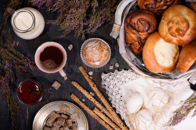 Pastries and Bread Sticks with Milk, Coffee and Jam. Top View Stock ...