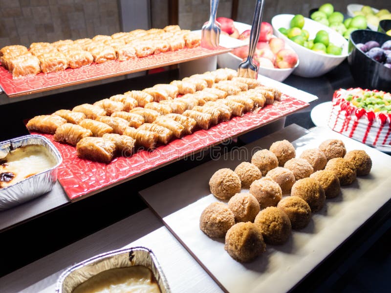 Pastries, Pastries on the Table in the Restaurant. Hotel Interior ...
