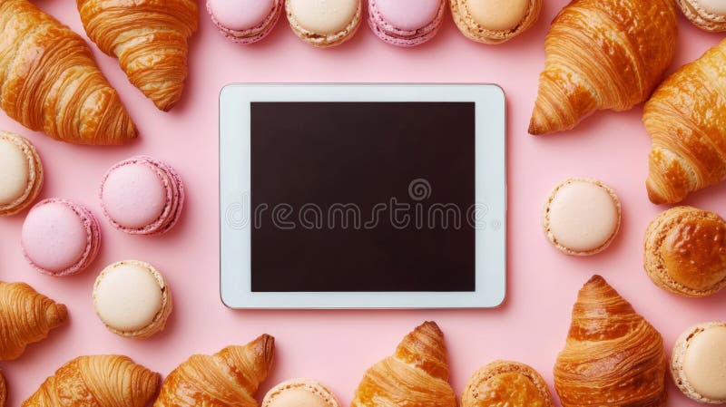 Pastries and Tablet on Pink Background Stock Illustration ...