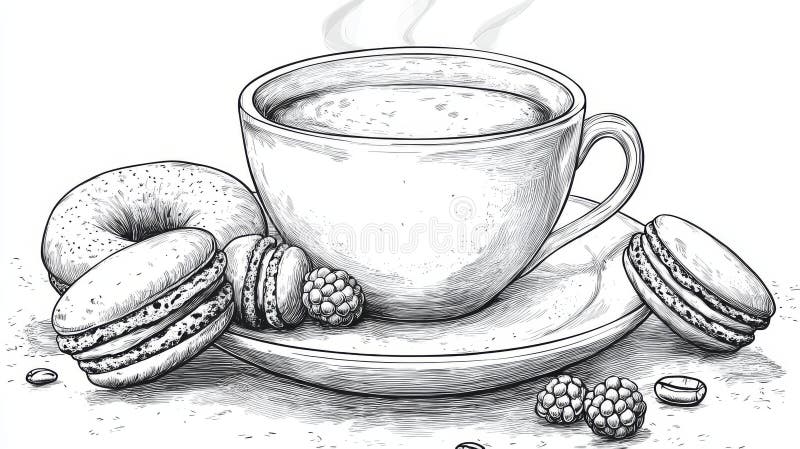 Pastries, Tea, and Berries are Depicted in a Hand-drawn Illustration ...