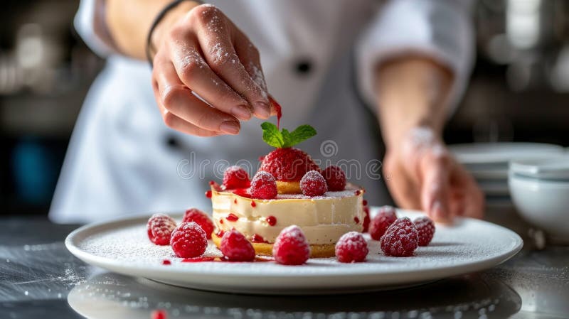 A Pastry Chef Arranging Edible Flowers on a Stunning Wedding Cake Stock ...