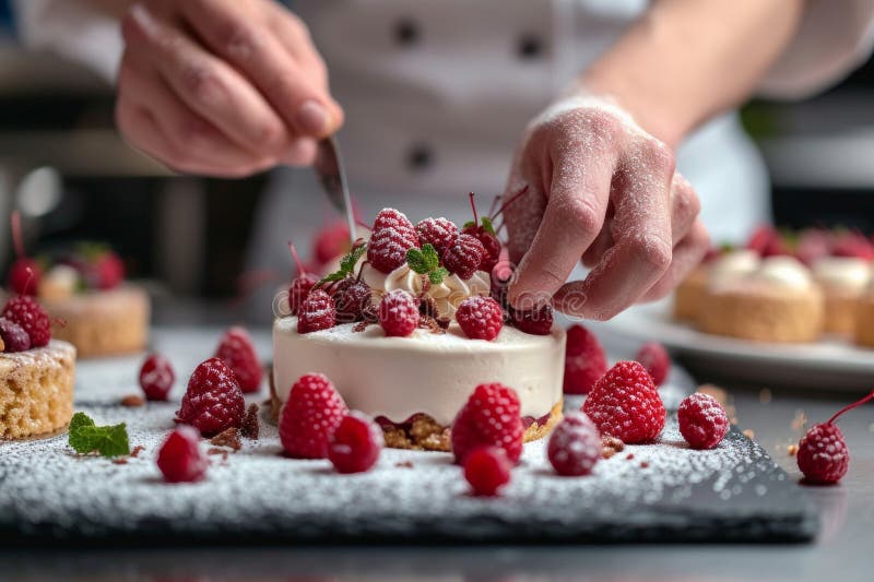 A Pastry Chef Arranging Edible Flowers on a Stunning Wedding Cake Stock ...