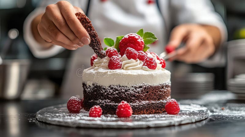 A Cake Being Decorated by a Pastry Chef in a Professional Kitchen Stock ...